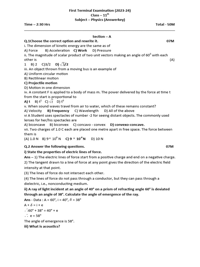 11th STD Ans Key of Physics 1st Term 2023-24 | PDF