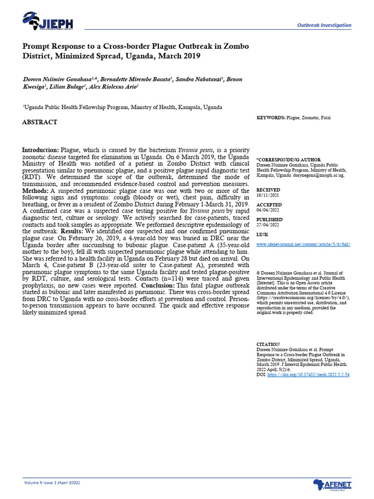 Prompt Response To A Cross-Border Plague Outbreak in Zombo District ...