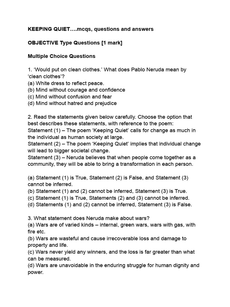 KEEPING QUIET .MCQS, Questions and Answers | PDF
