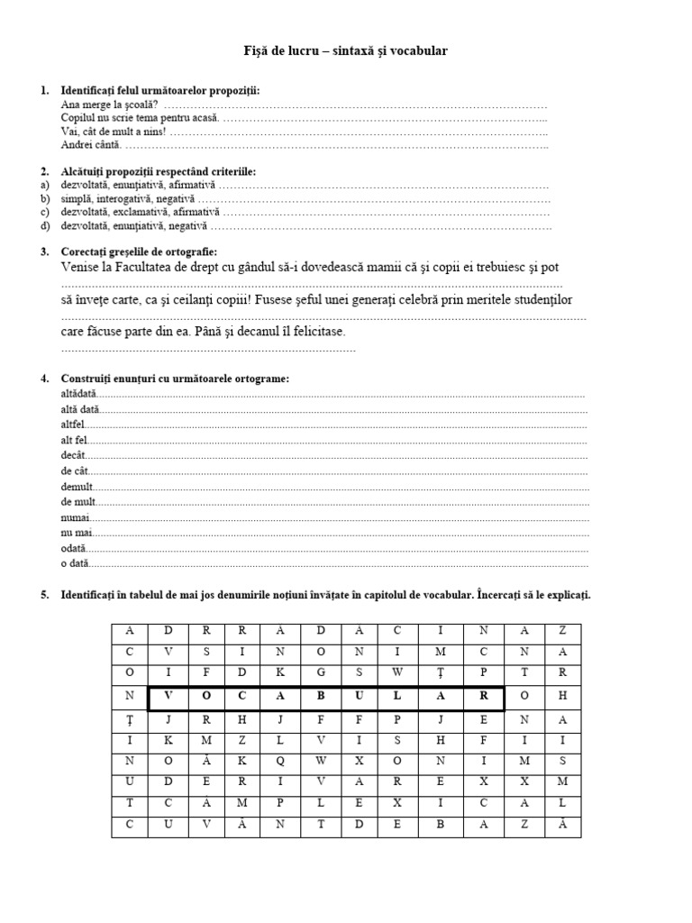 Fisa de lucru Vocabular final | PDF