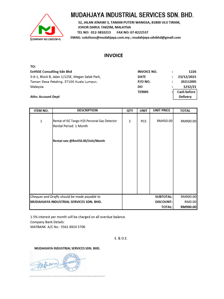 Invoice for Gas Detector Rental | PDF