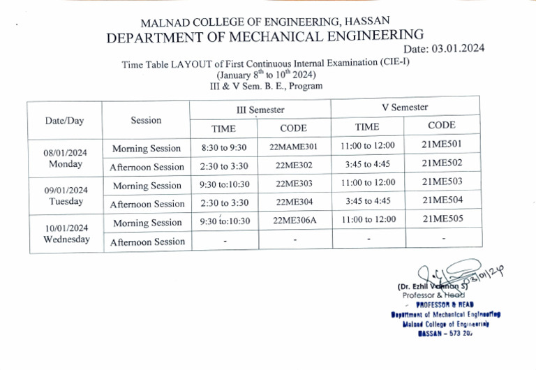 CIE 1 Timetable (3rd & 5th Sem) | PDF