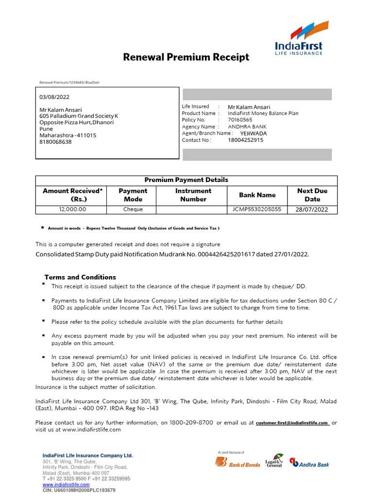 Renewal Premium Receipt | PDF