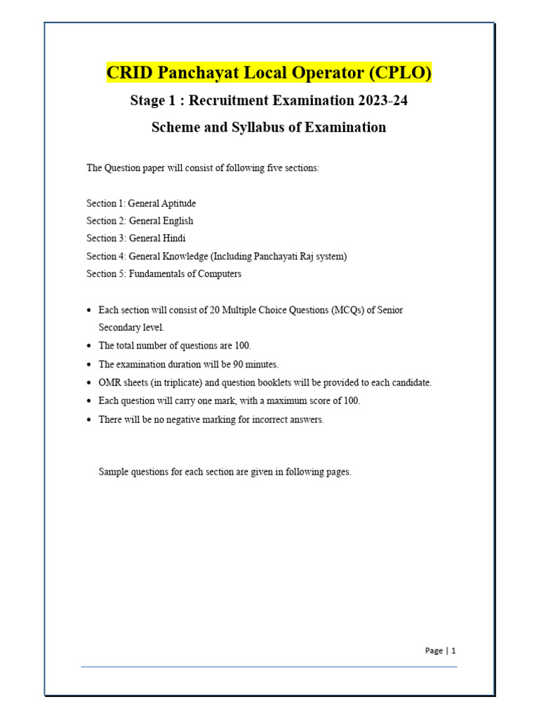 Scheme Syllabus and Sample Question Paper CPLO-HaryanaJobs - in | PDF