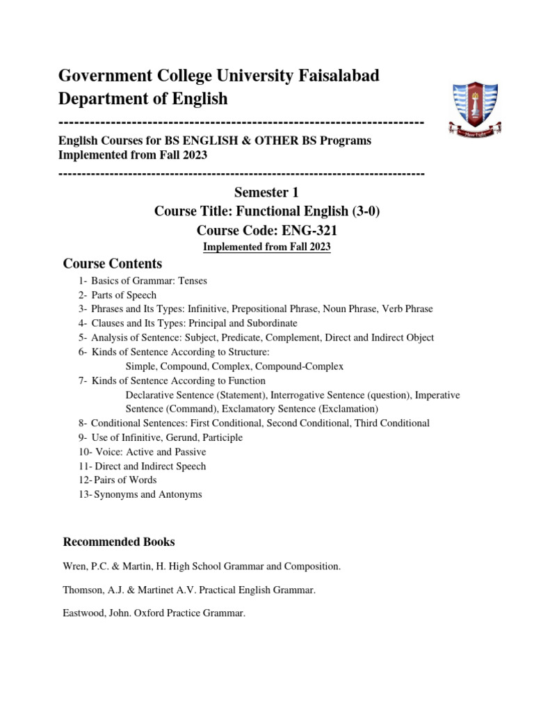 English Courses For OTHER BS Programs and BS ENGLISH From Fall 2023 ...