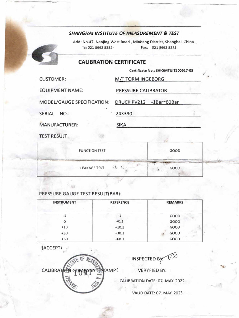 Pressure Calibration Sika | PDF