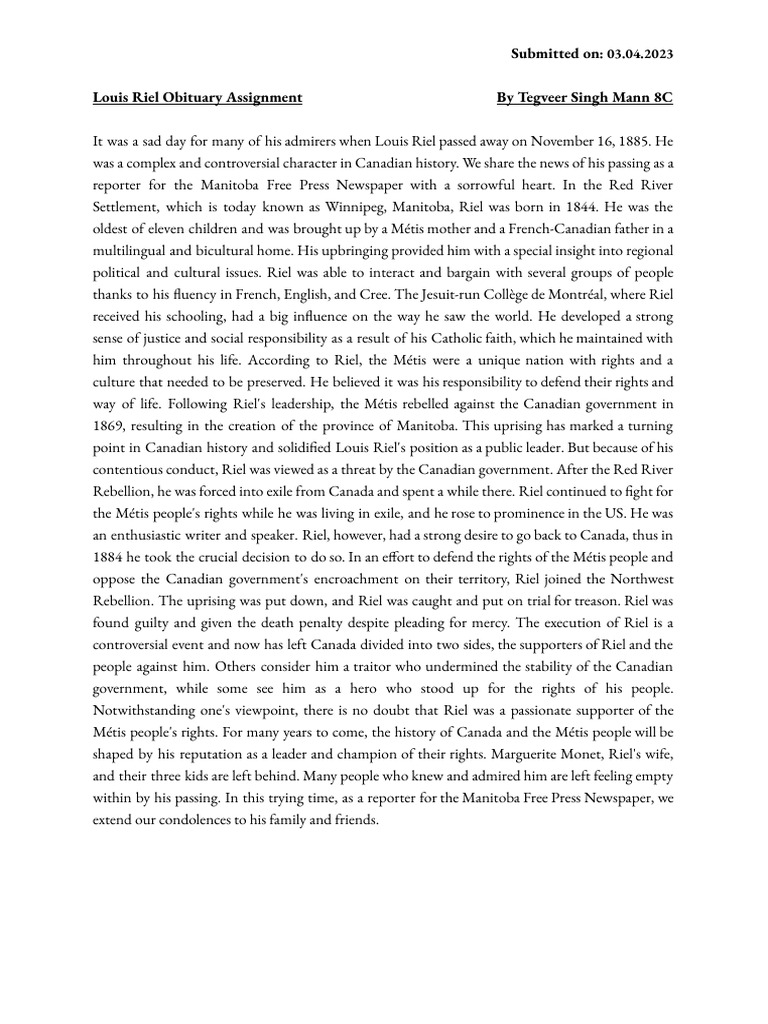Louis Riel Obituary Assignment by Tegveer Singh Mann 8C | PDF