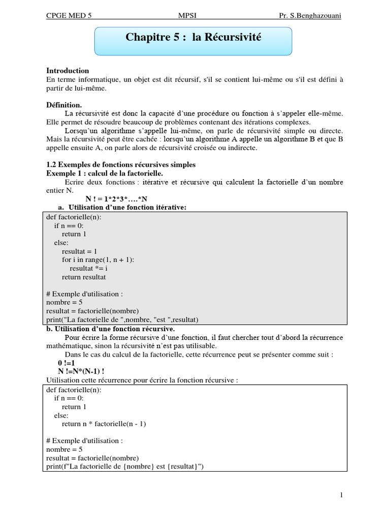Chapitre 5 Recursivite | PDF | Méthodes et références pédagogiques