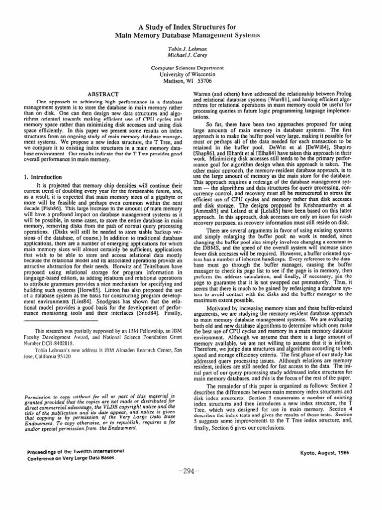 A Study of Index Structures For Main Memory Database Management Systems, T Trees | PDF