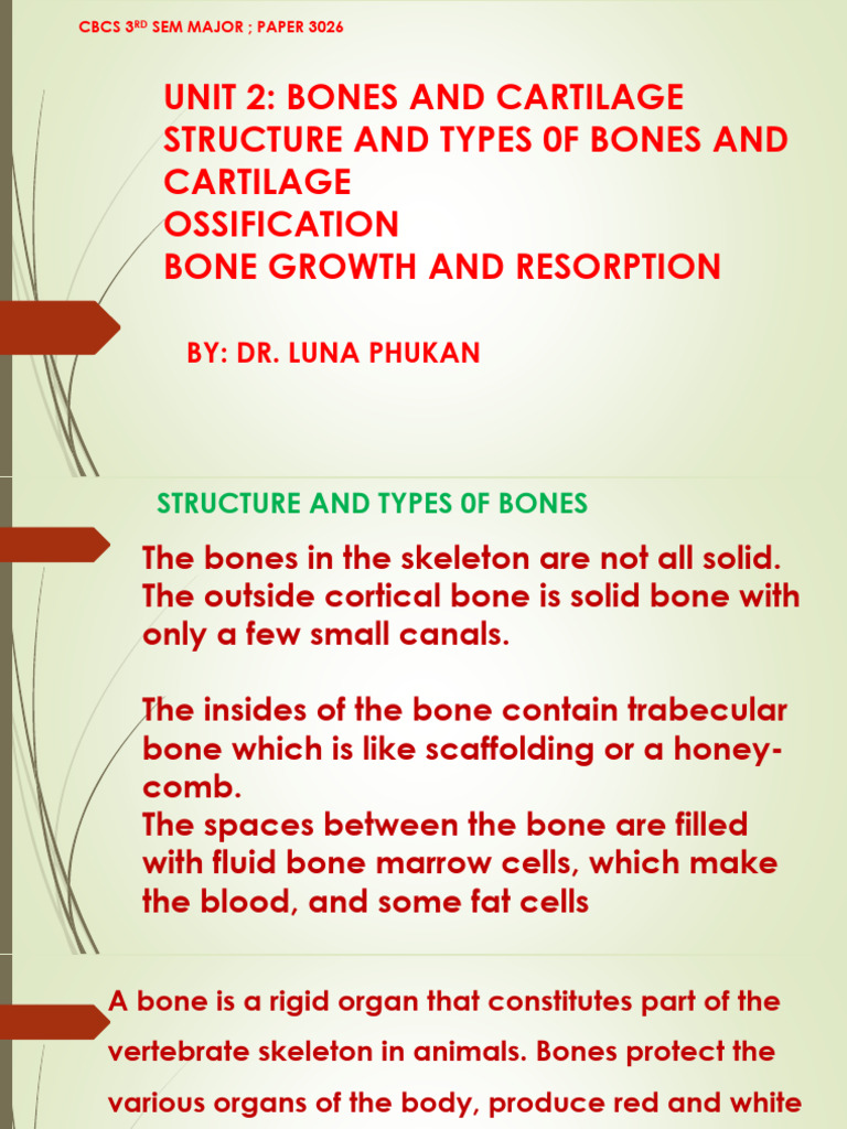 Unit 2: Bones and Cartilage Structure and Types 0F Bones and Cartilage Ossification Bone Growth ...