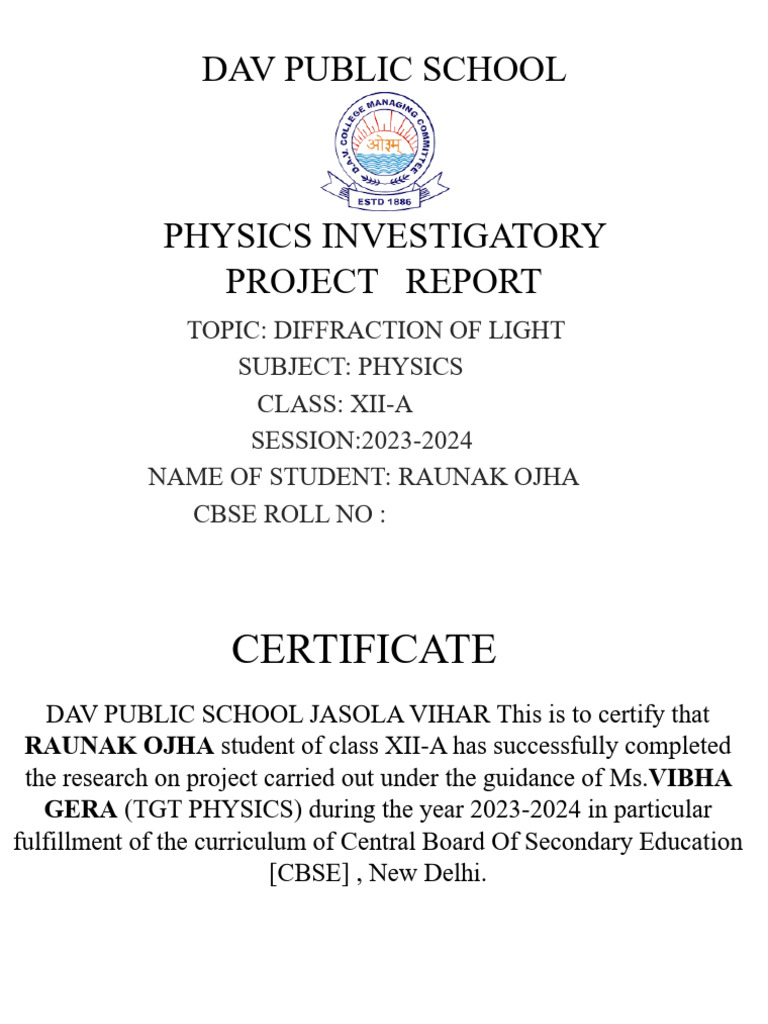 Raunak Phy Project | PDF | Diffraction | Optics