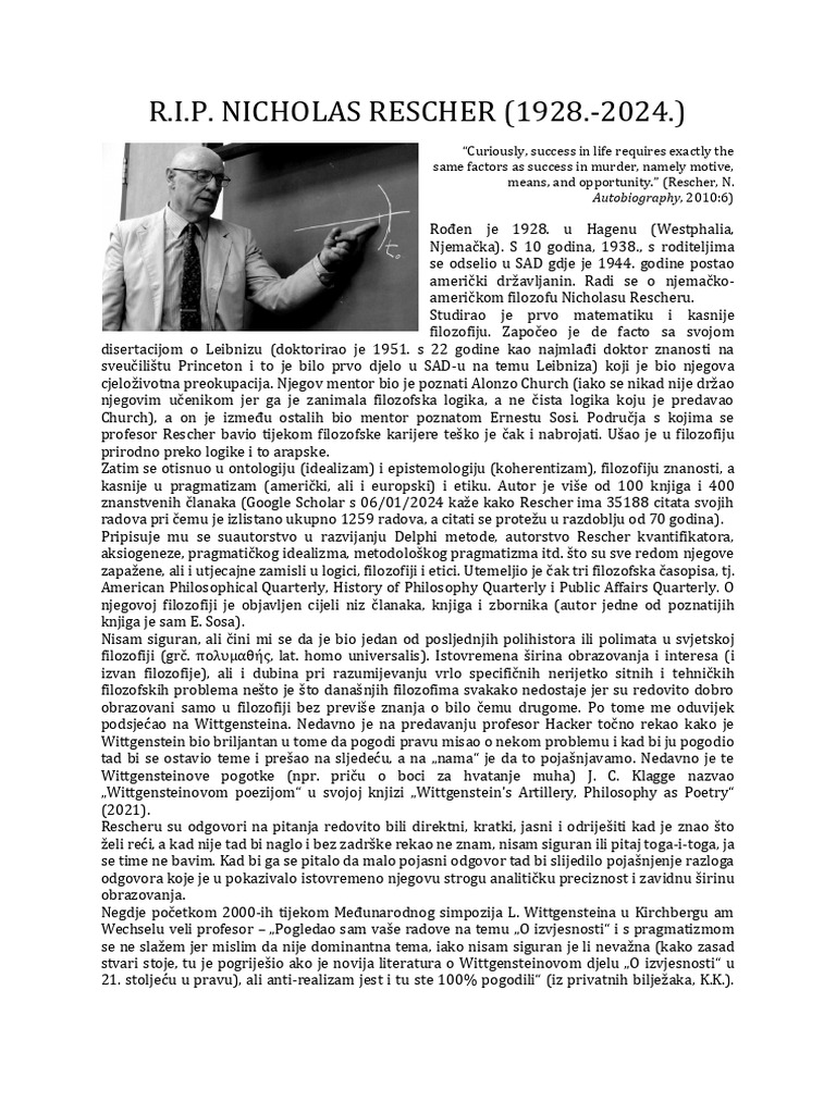R.I.P. Nicholas Rescher (1928.-2024.) | PDF R.I.P. Nicholas Rescher (1928.-2024.) | PDF