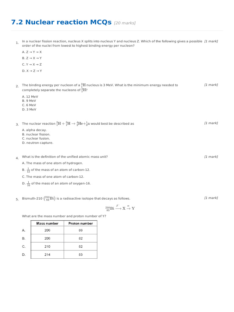 7.2 Nuclear Reaction MCQs | PDF | Atomic Nucleus | Nuclear Reaction