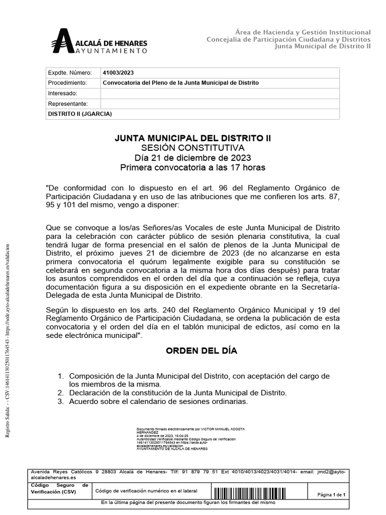 CONVOCATORIA SESION CONSTITUTIVA DII Dic 2023 | PDF