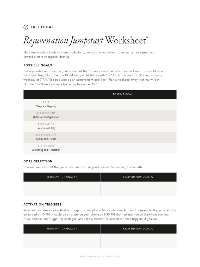 Rejuvenation Jumpstart Worksheet | PDF