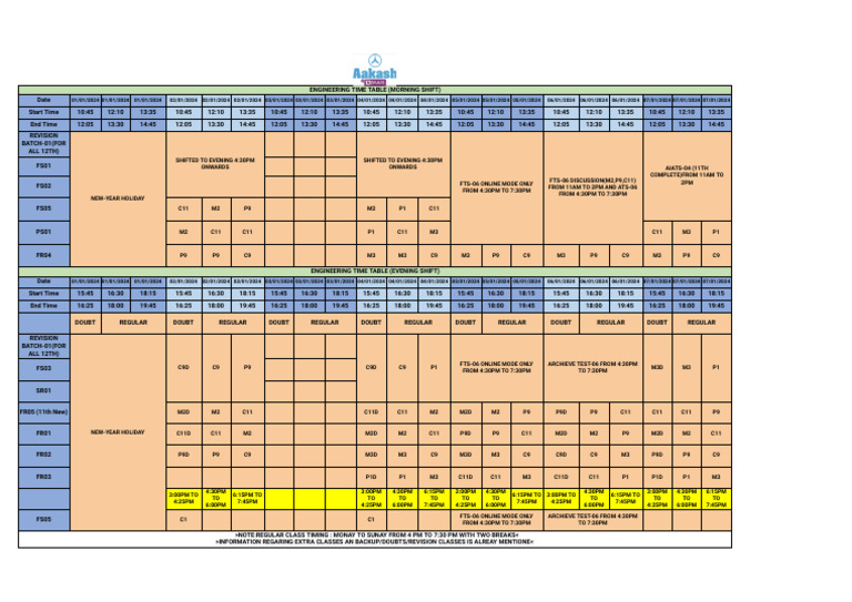 Engineering - Time Table - 01.01.2024 To 07.01.2024 | PDF
