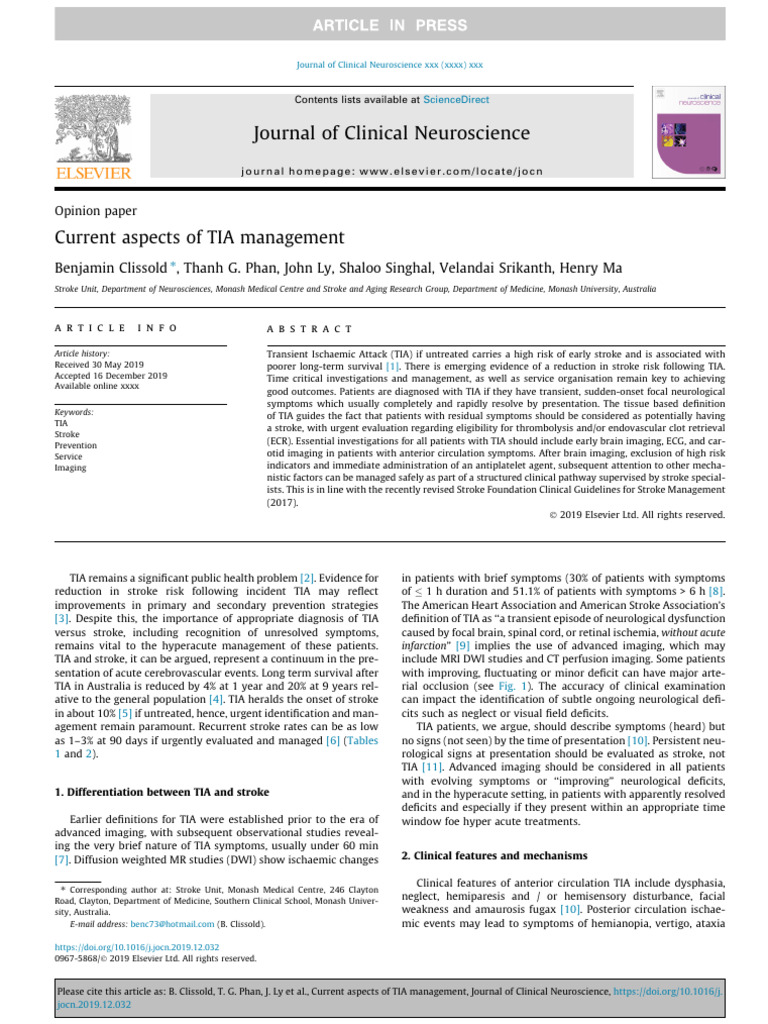 Current Aspects of TIA Management - Journal of Clinical Neuroscience ...