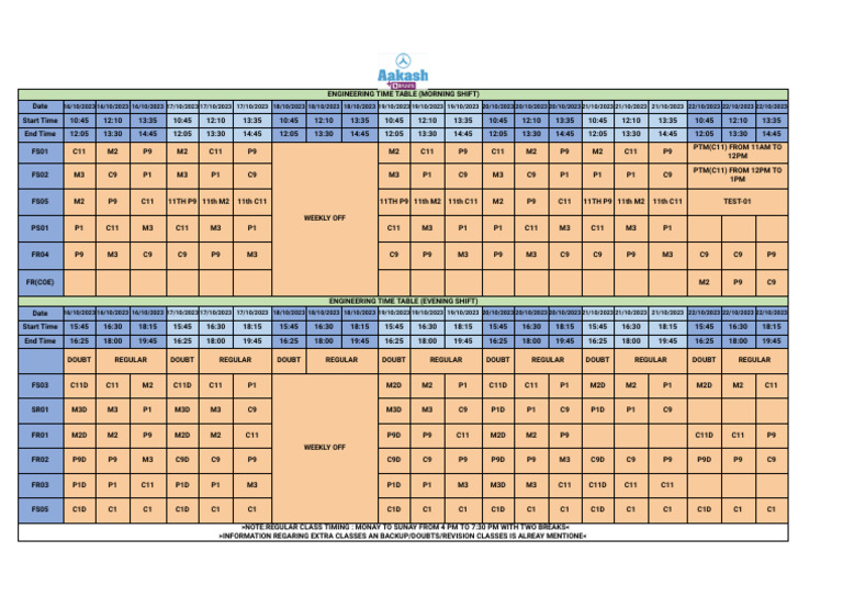 Engineering - Time Table - 16.10.2023 To 22.10.2023 | PDF