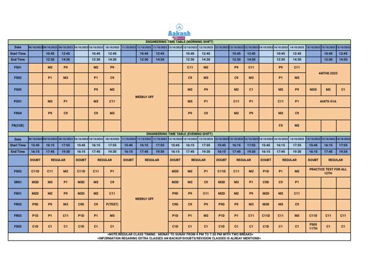 Engineering - Time Table - 09.10.2023 To 15.10.2023 | PDF