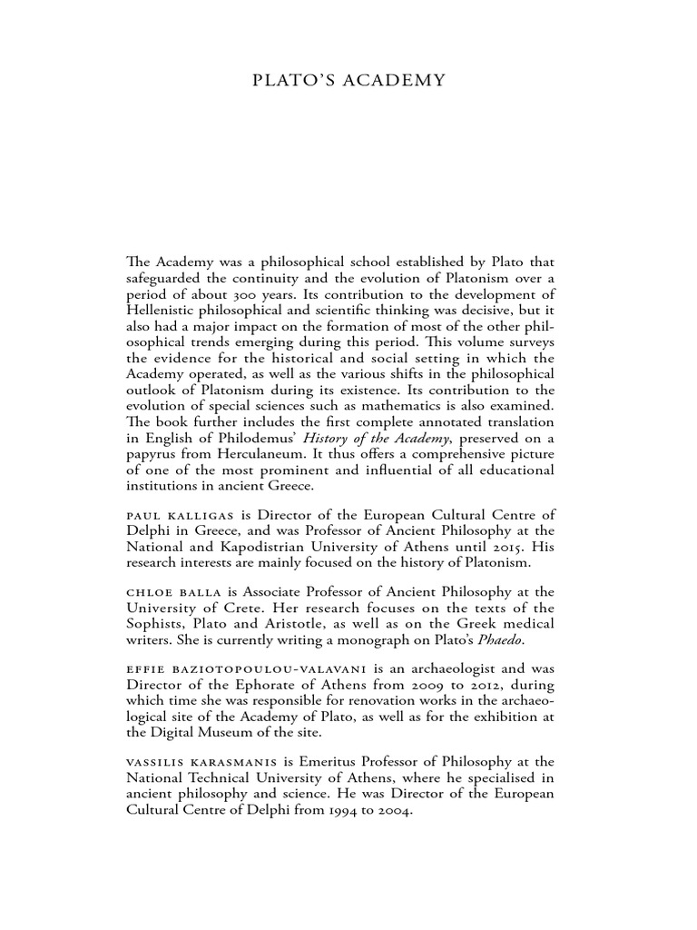 Plato's Academy Its Workings and Its History by Paul Kalligas, Chloe ...