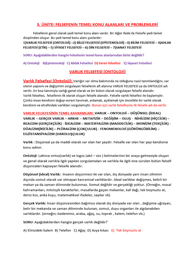 10.sinif Felsefe Varlik Felsefesi Ders Notlari | PDF
