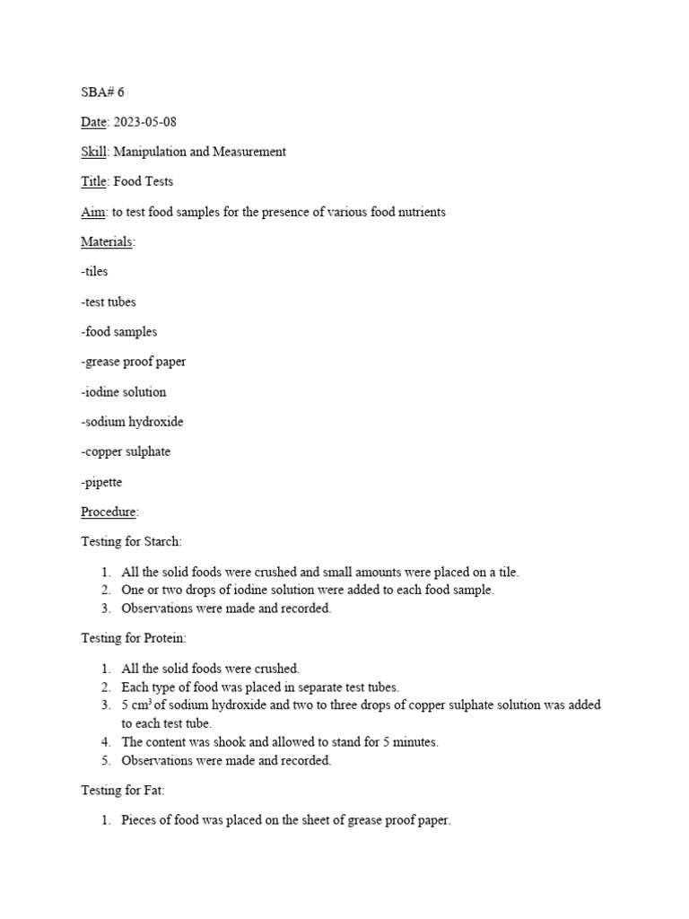 SBA 6-Food Test | PDF