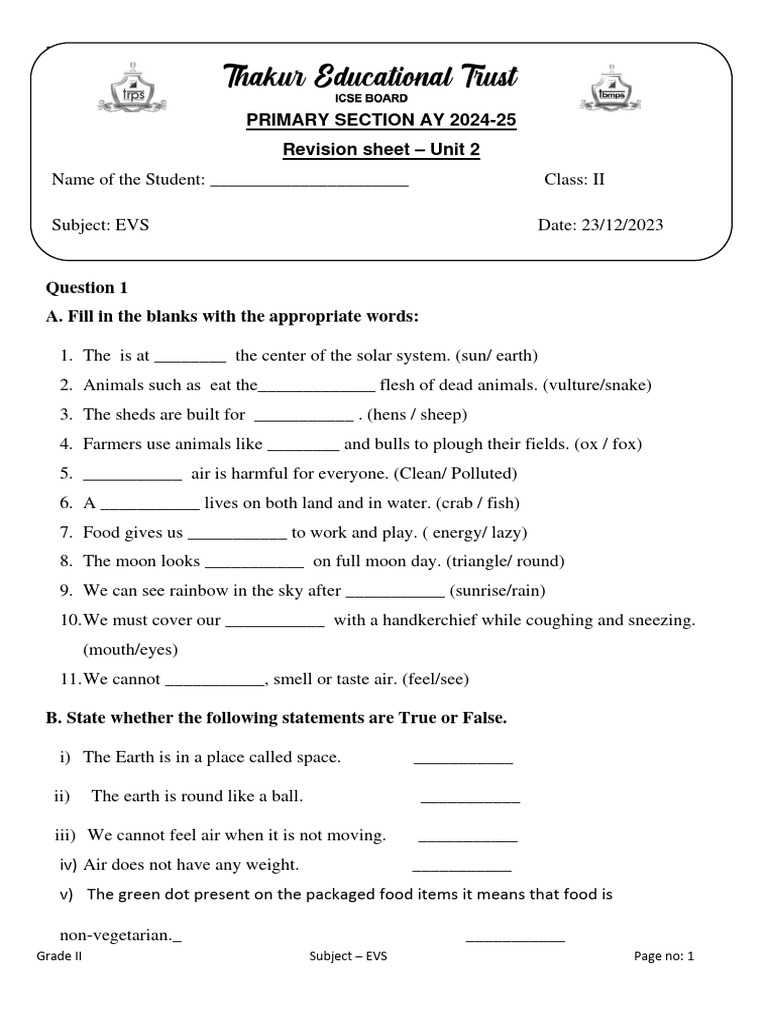 Grade 2 EVS - Revision Sheet | PDF