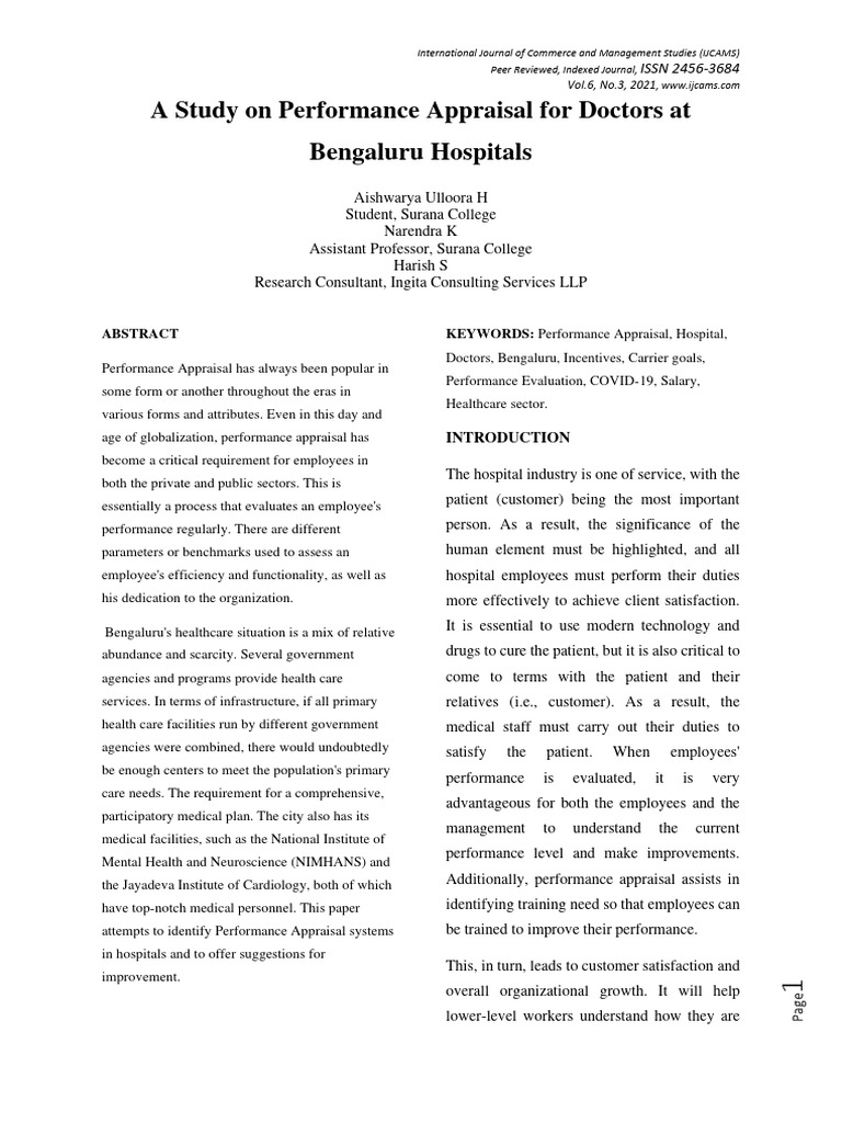 A Study On Performance Appraisal For Doctors at Bengaluru Hospitals | PDF