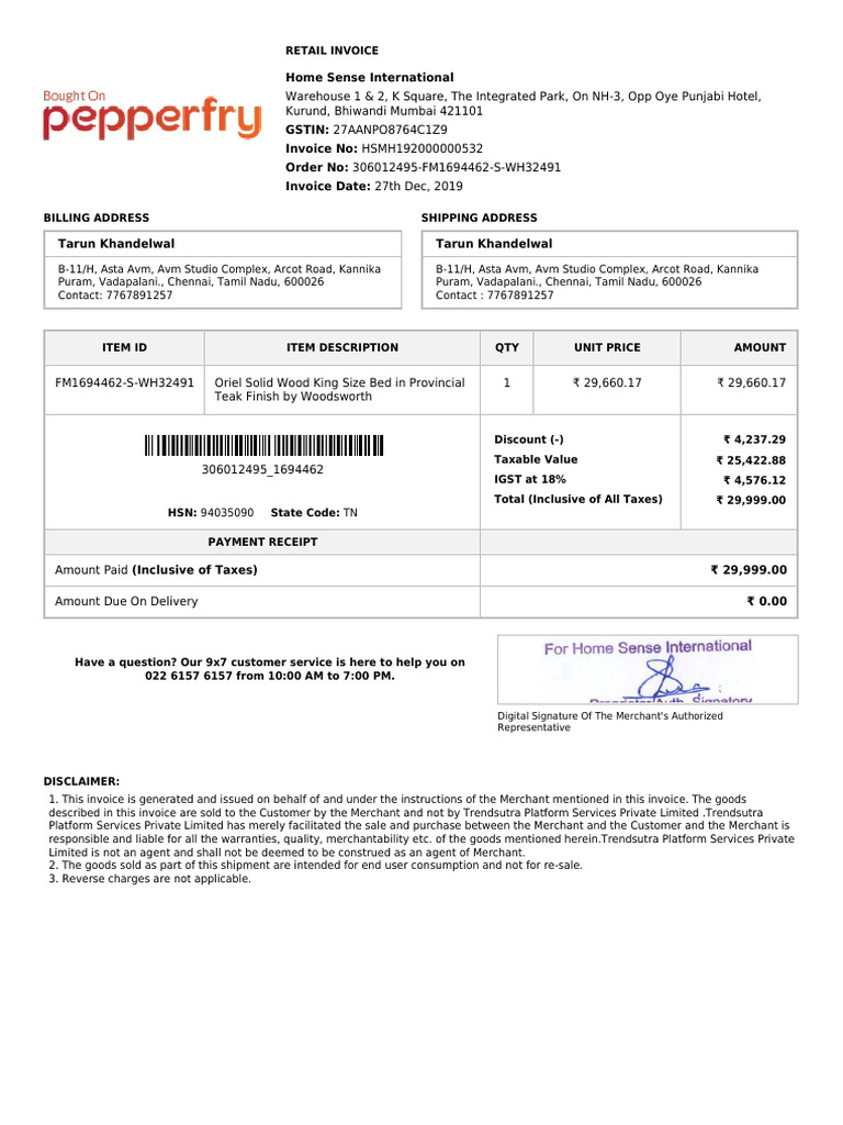 King Bed Bill Sample | PDF | Invoice | Receipt