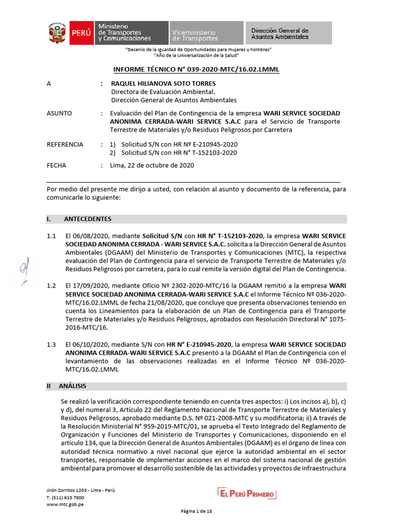 Informe Técnico #039.2020.PC WARI - VBal.rev Dea (R) PDF | PDF