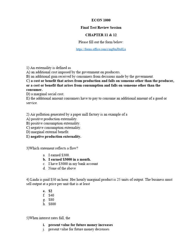 Econ 1000 Chapter 11&12 Final Exam Review. Answers | PDF