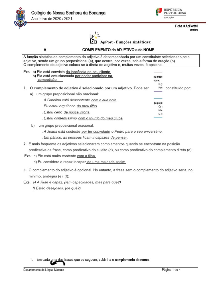 ApPort3 - Complemento Do Nome e Do Adjetivo | PDF