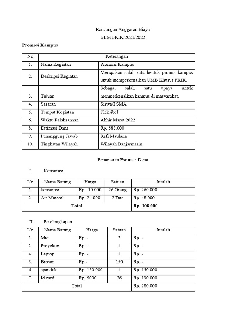 Rancangan Anggaran Biaya Promosi 2022 | PDF
