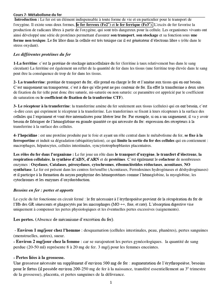Cours 7 Metabolisme Du Fer | PDF