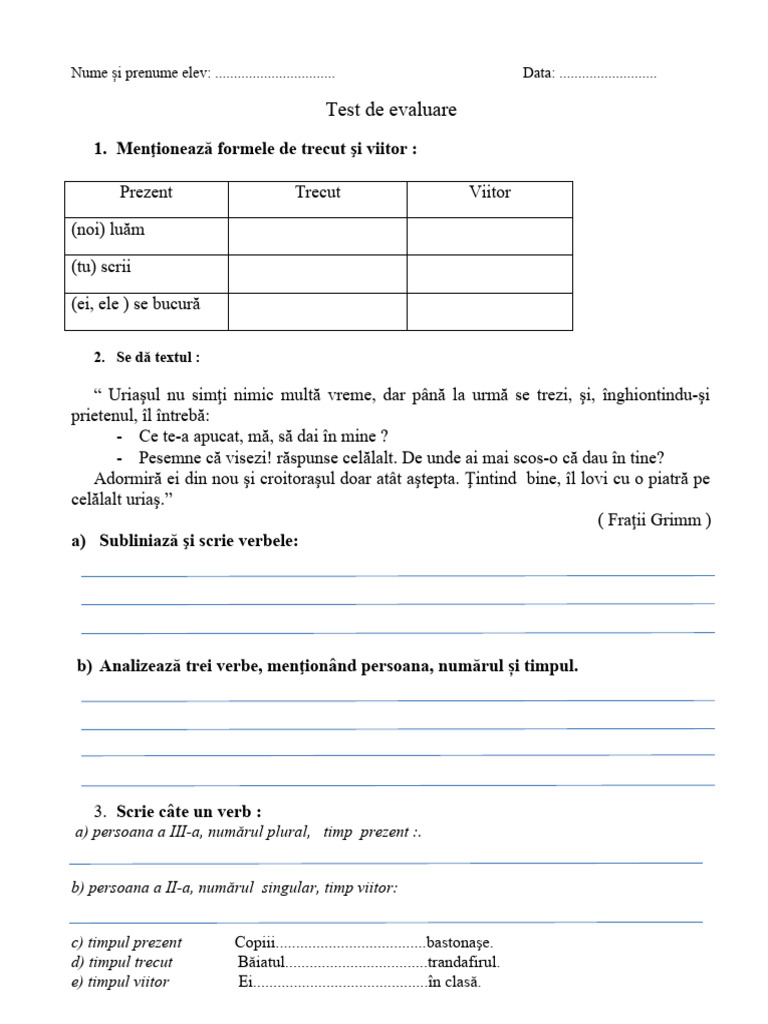 Test Verb - Clasa A IV-a | PDF
