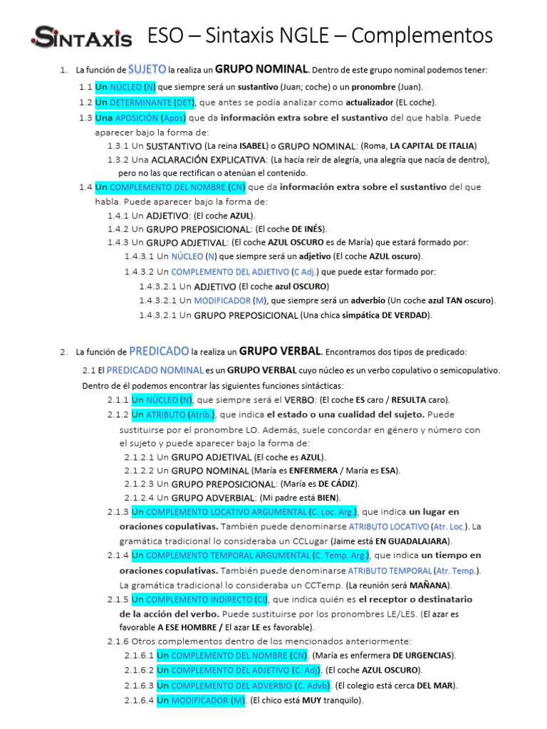 ESO - Sintaxis NGLE Explicación Complementos | PDF