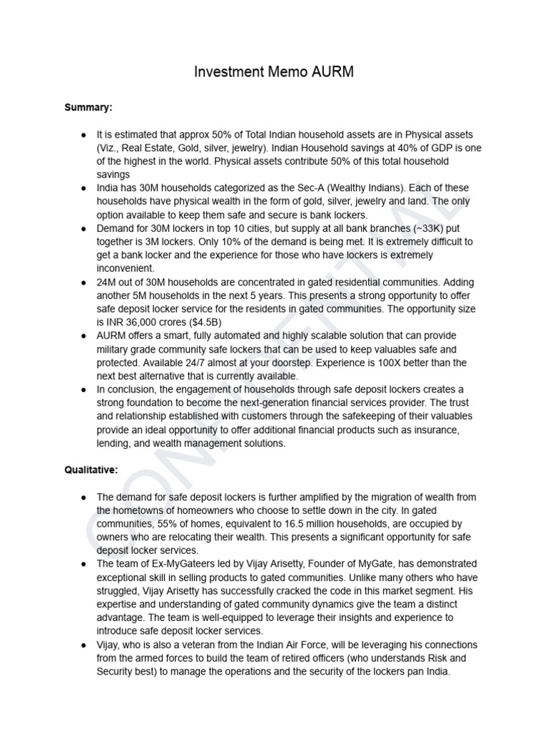 AURM Investment Memo: Safe Lockers Opportunity | PDF | Finance & Money ...
