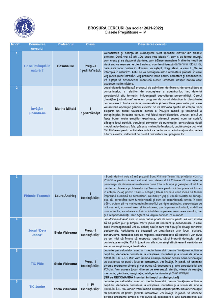 BROSURA CERCURI Invatamant Primar 2021 2022 | PDF