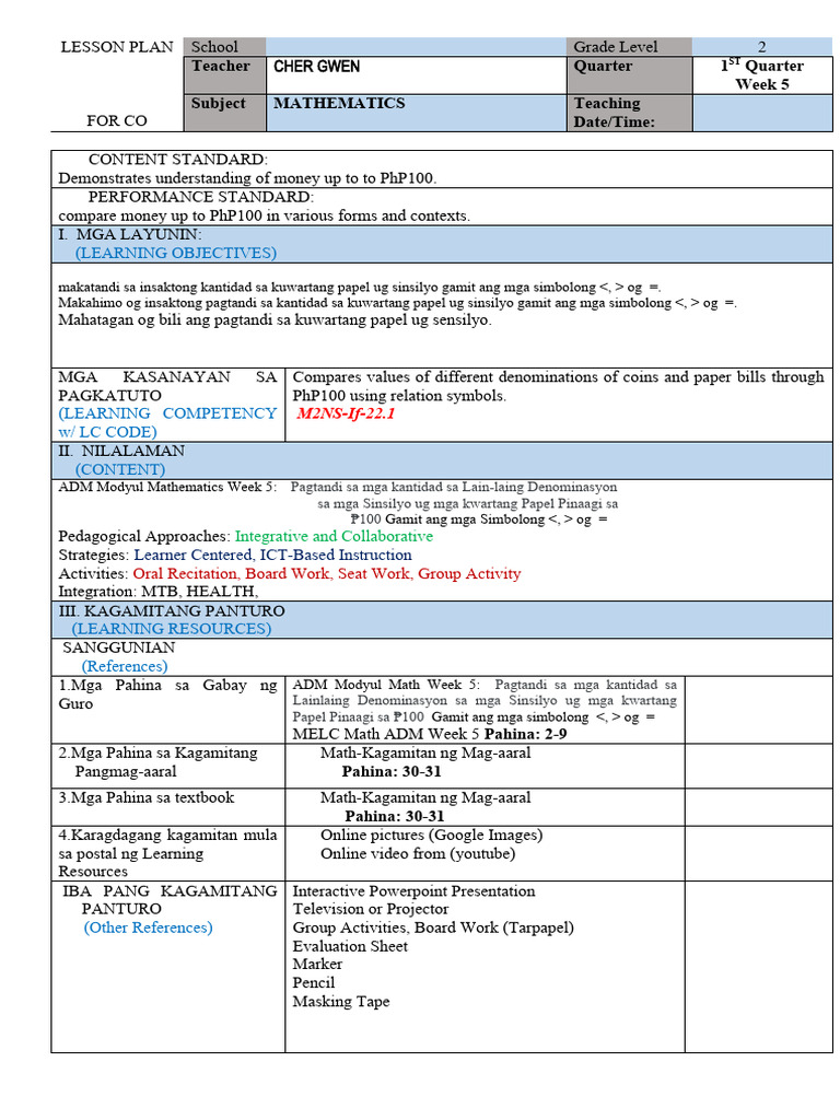 COT - Q1 - Math2 - WEEK 5 - DLP | PDF