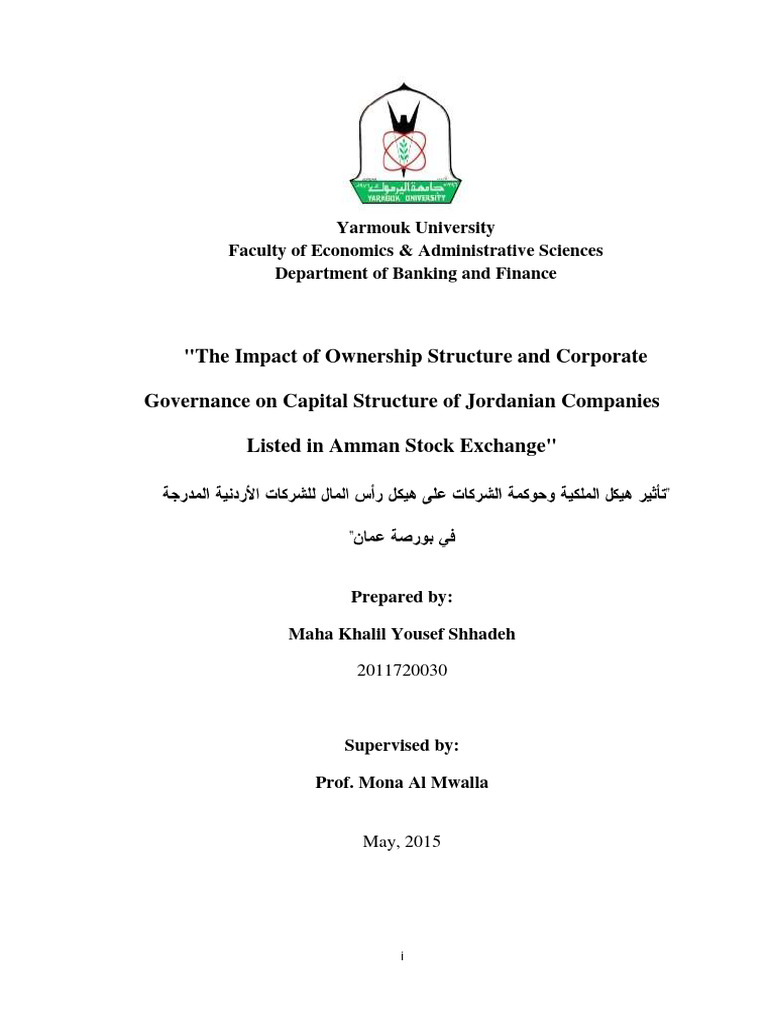 The Impact of Ownership Structure and Corporate Governance On Capital Structure of Jordanian ...