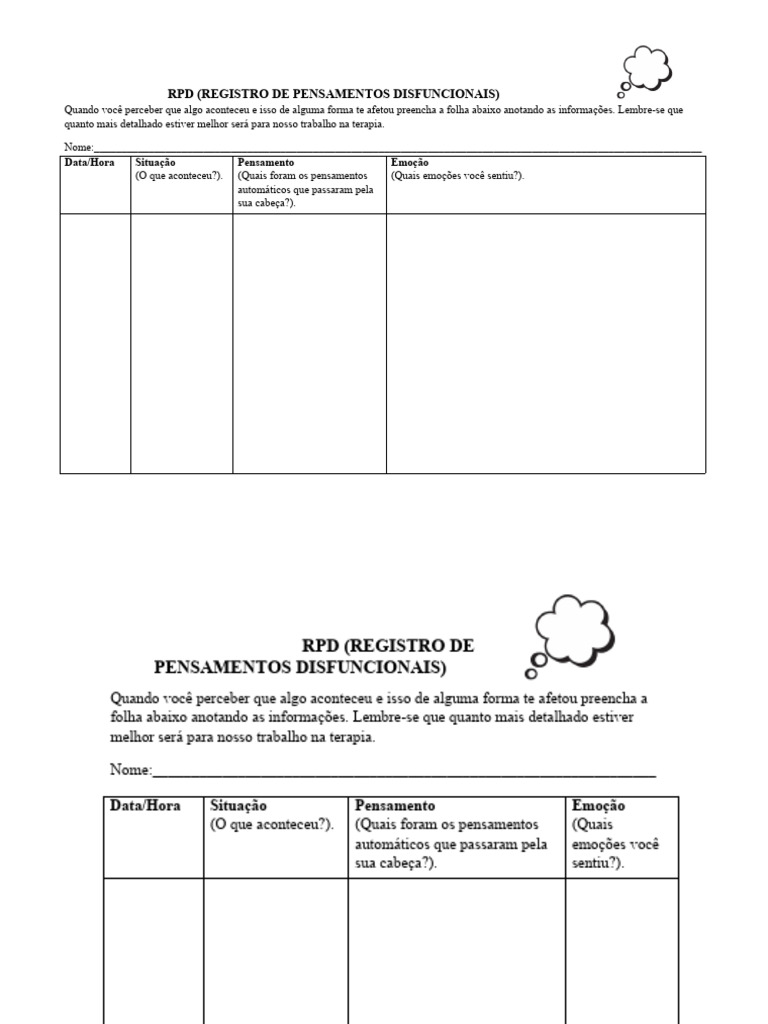 RPD (Registro de Pensamentos Disfuncionais) : Data/Hora Situação ...