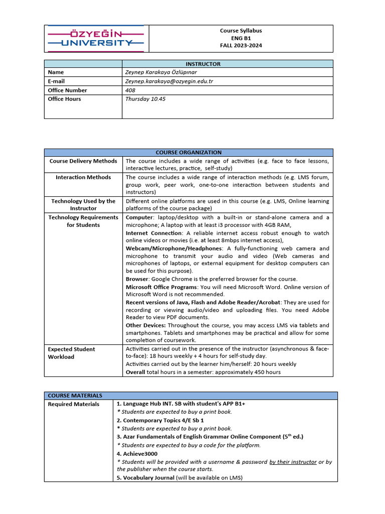 B1 Level Course Syllabus - Fall 23-24 | PDF | Academic Dishonesty ...
