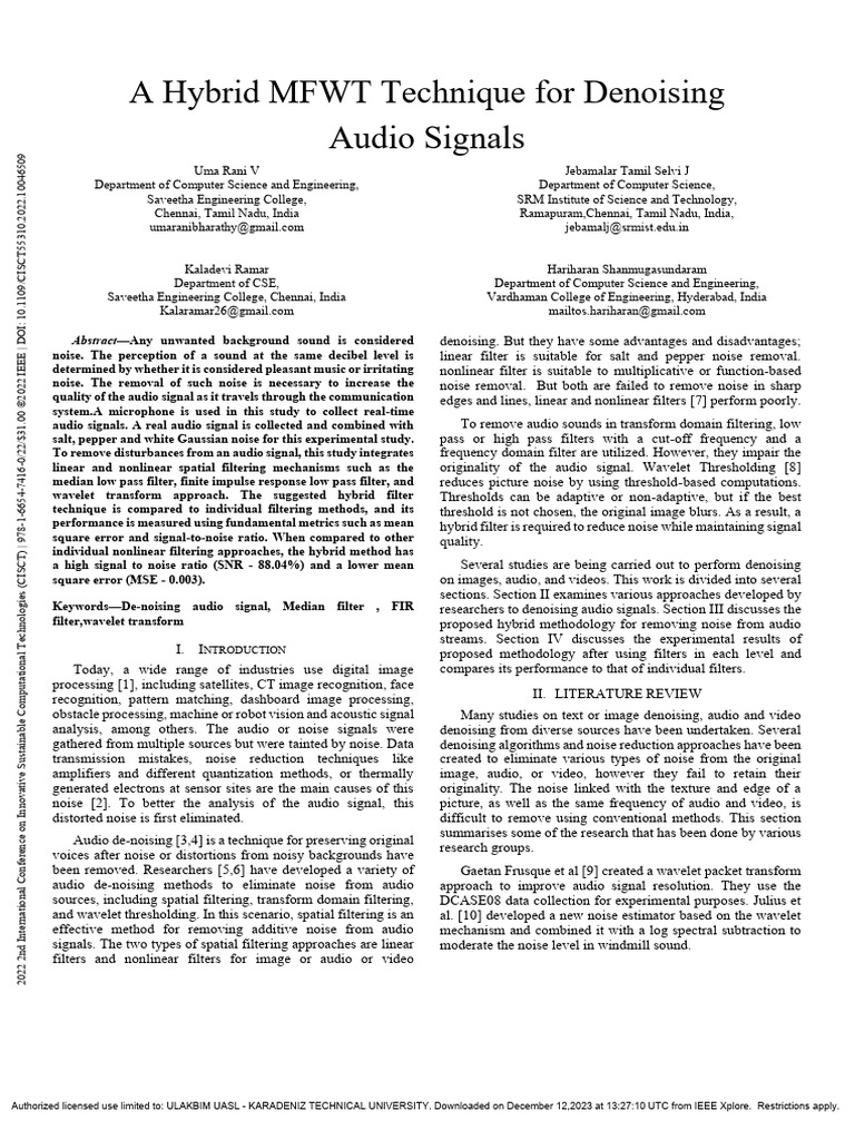 Hybrid MFWT Audio Denoising Technique | PDF