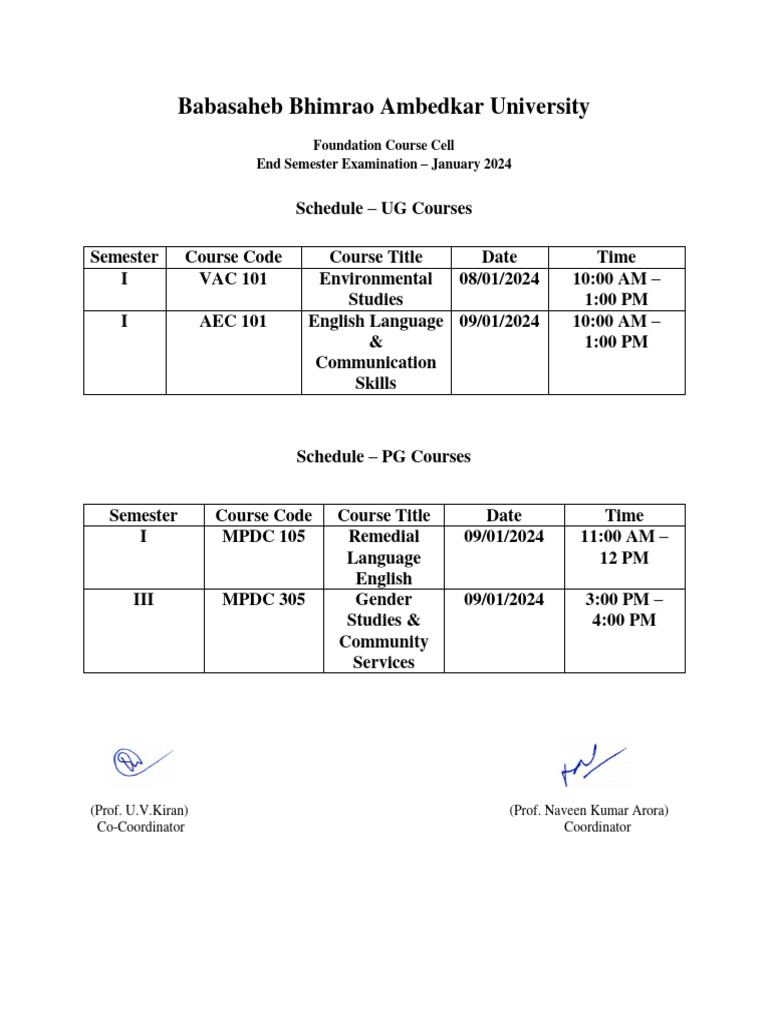 End Semester Examination Schedule Jan 2024 Vac, Aec 101, MPDC105,305-1 | PDF
