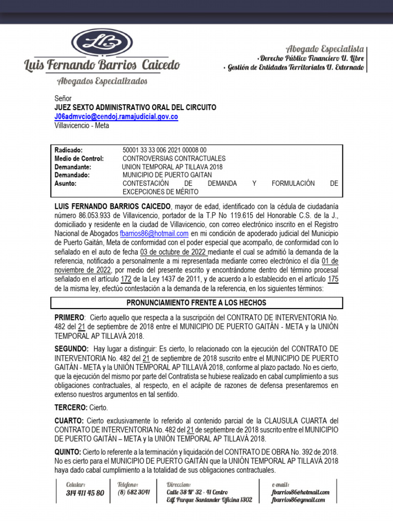 Contestacion Demanda Municipio de Puerto Gaitan Radicado 50001-3!33!006 ...
