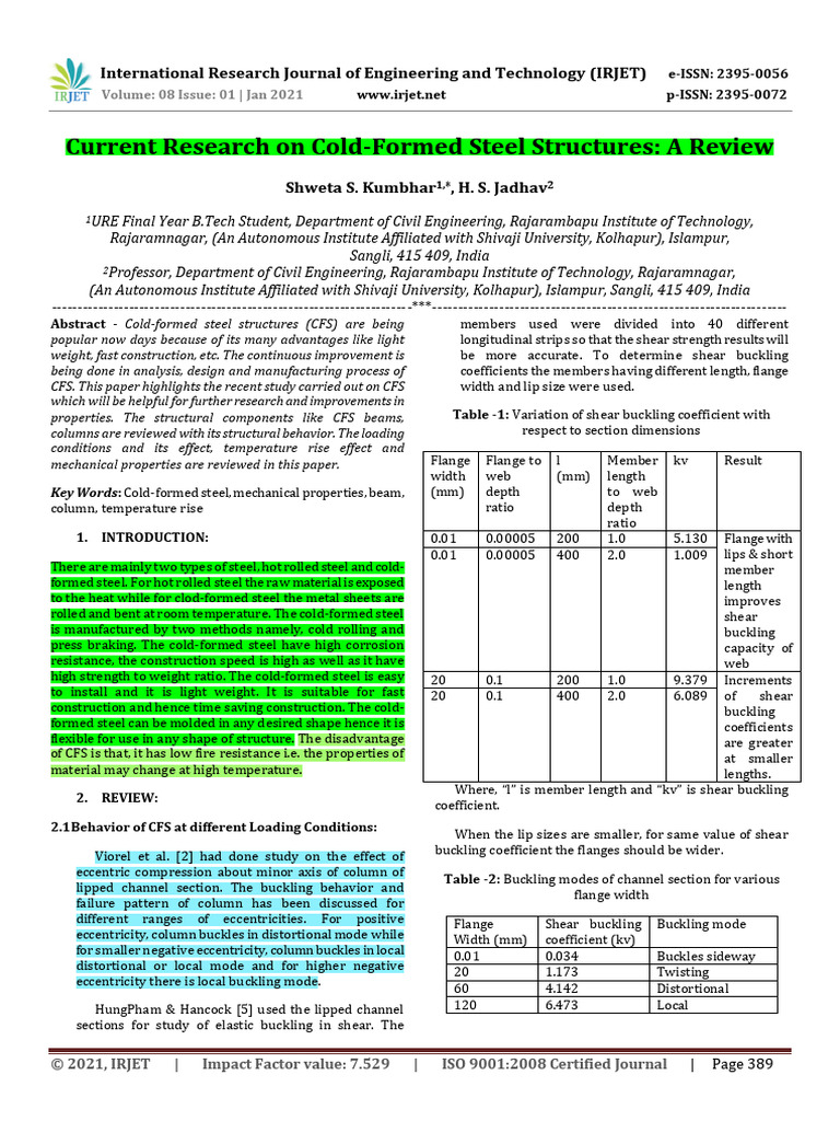 Current Research On Cold-Formed Steel Structures A Review | PDF