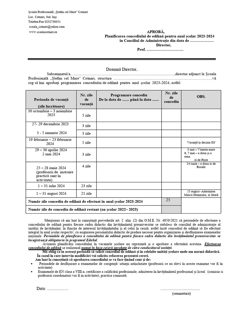 Cerere Programare Concediu 2023 2024 - Dir Adj | PDF