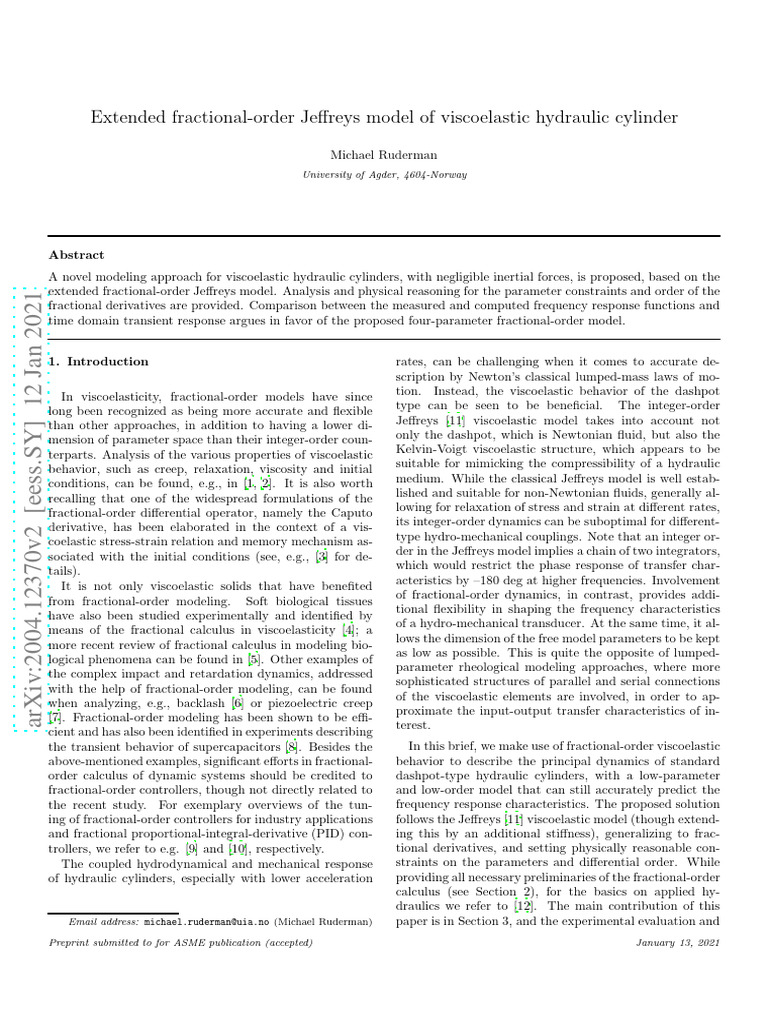 Extended Fractional-Order Jeffreys Model of Viscoelastic Hydraulic Cylinder | PDF