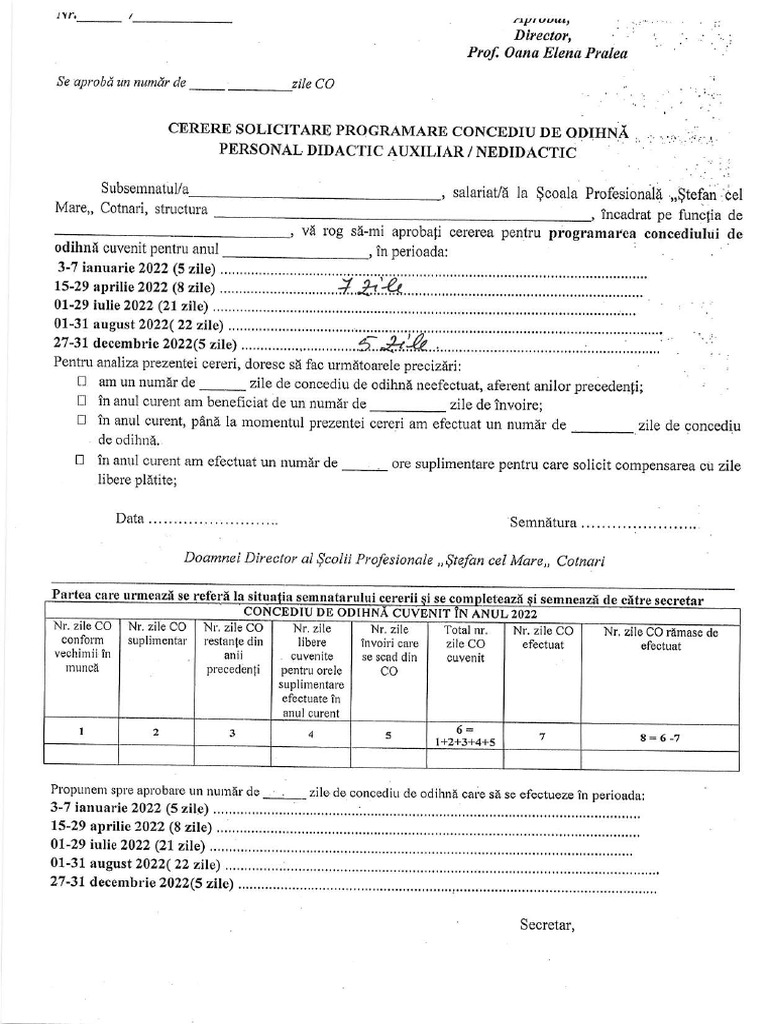 Cerere Programare Concediu de Odihna Nedidactic | PDF