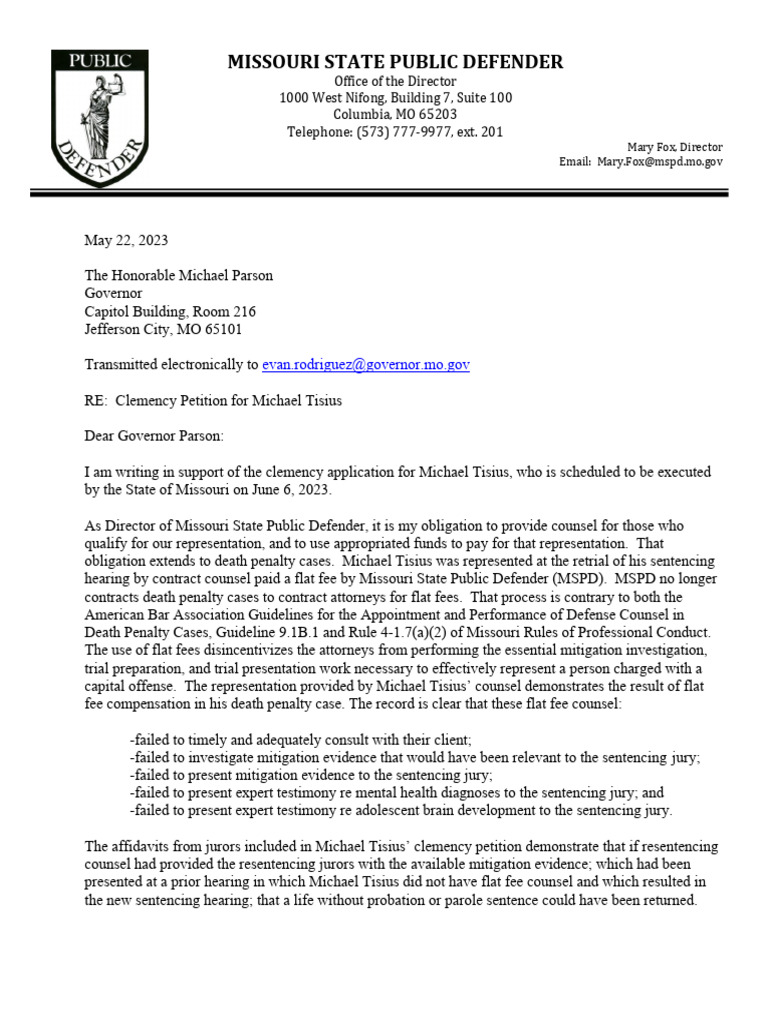Mary Fox Letter To Missouri Governor Mike Parson in Support of Clemency ...